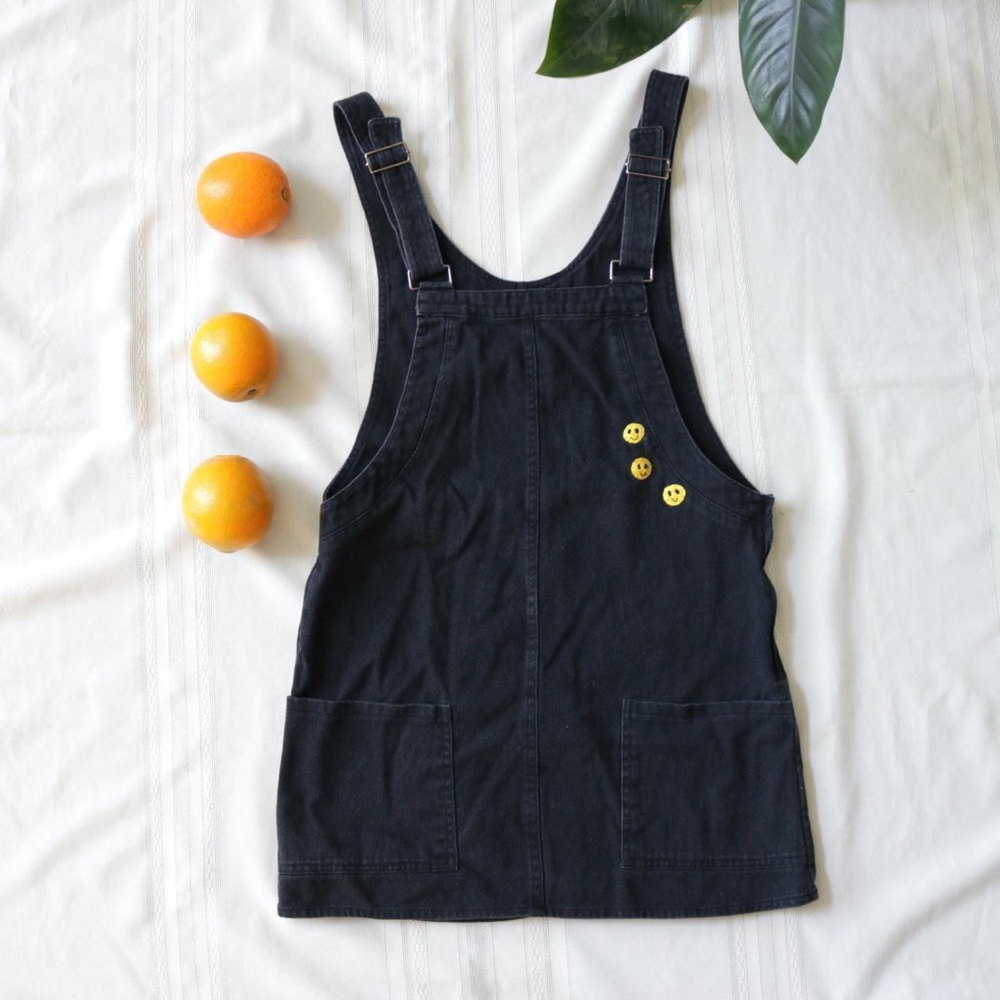 Black Overall Dress With Embroidered Smiley Faces - Gem